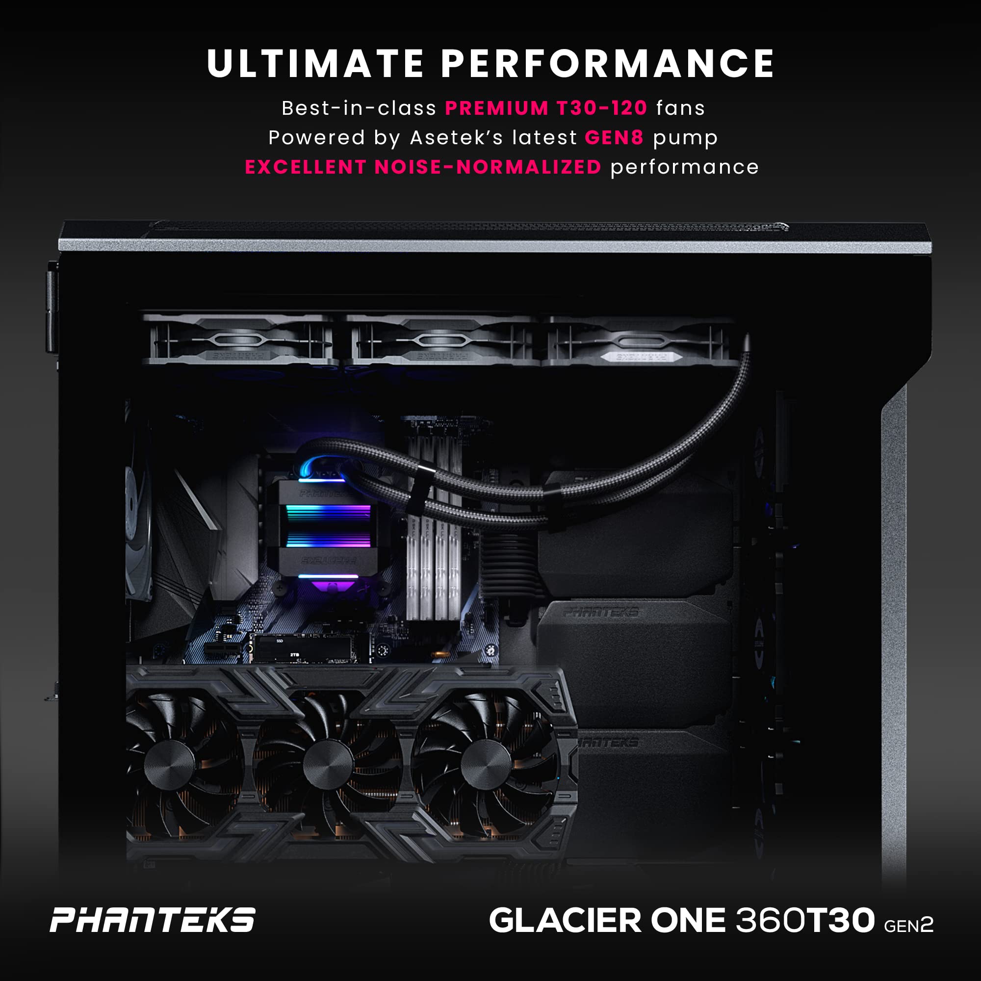 Phanteks (PH-GO360T30_DAG02) Glacier One 360T30 Gen 2 D-RGB AIO Liquid CPU Cooler, 360mm Radiator, Infinity Mirror Pump Cap Design, Aluminum Covers, 3X T30-120 Premium High-Performance Fans, Black