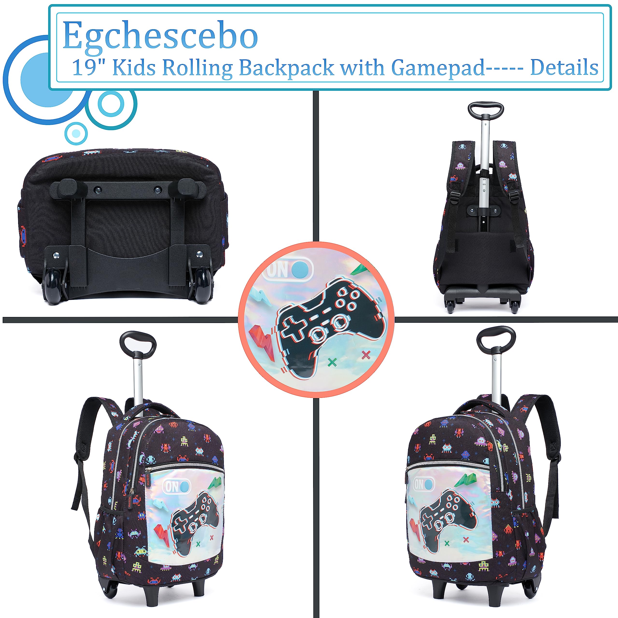 Egchescebo Kids Rolling Backpack for Boys Suitcases Backpacks 18" 3PCS Travel Luggage Roller Backpacks Wheels with Lunch Box Pencil Case for Elementary Trolley School Bag with Gamepad Dark Blue