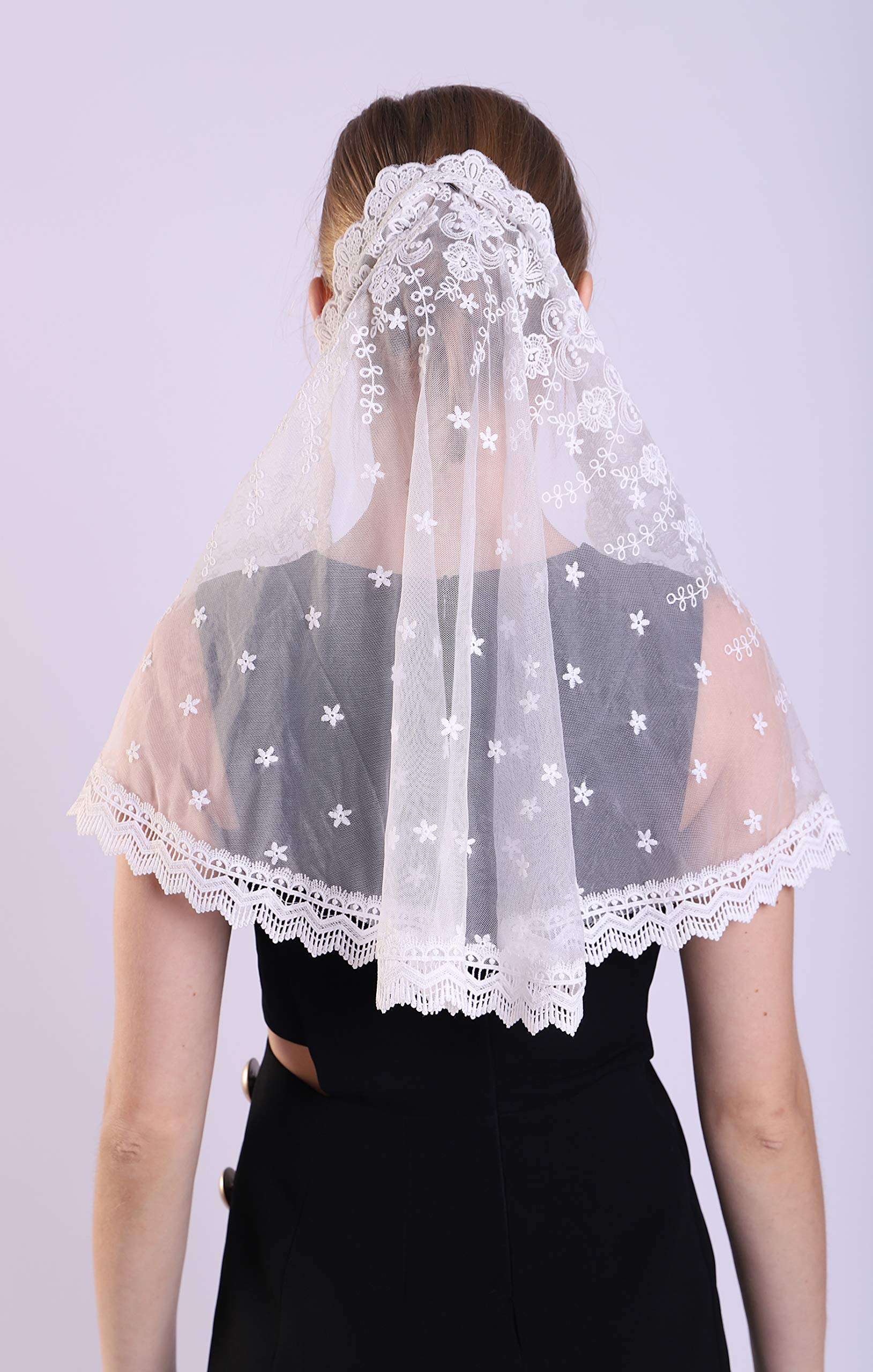 Grettytling Chapel Veil Embroidered Lace Mantilla Veil Head Covering Veils for Church,White