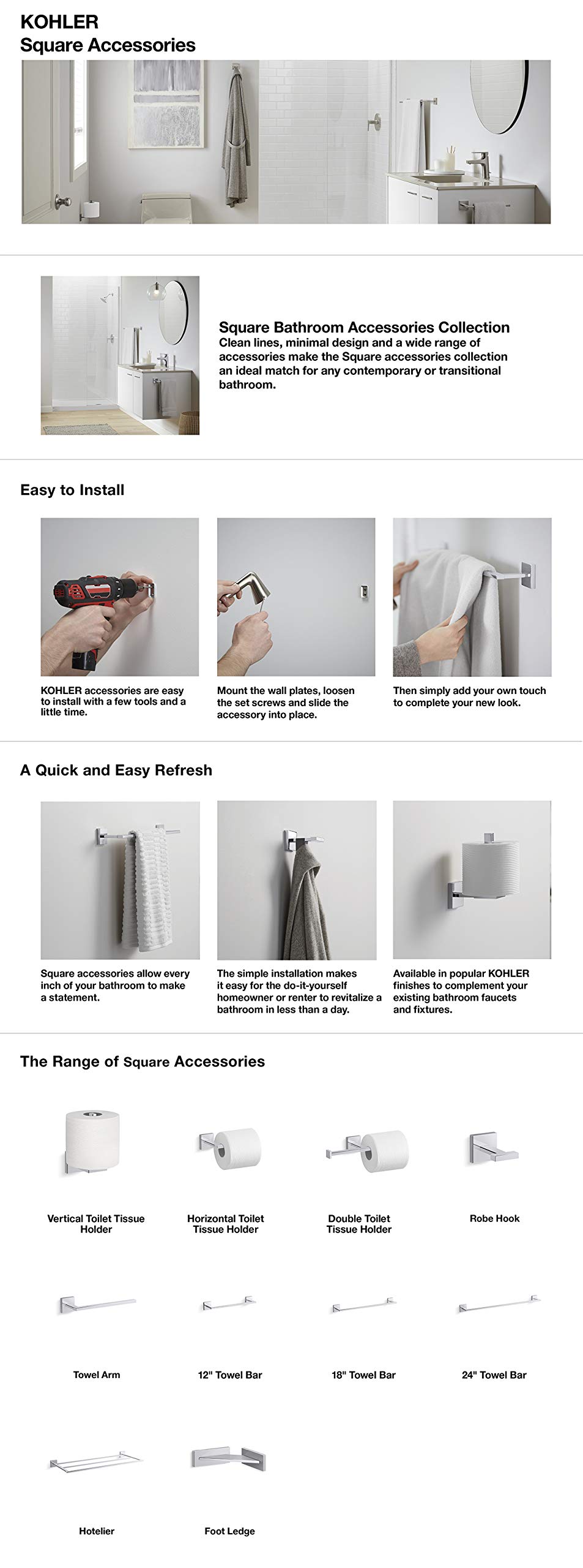 Kohler K-23295-BN Square Grab Bar, Vibrant Brushed Nickel, 26 x 2 x 3 inches