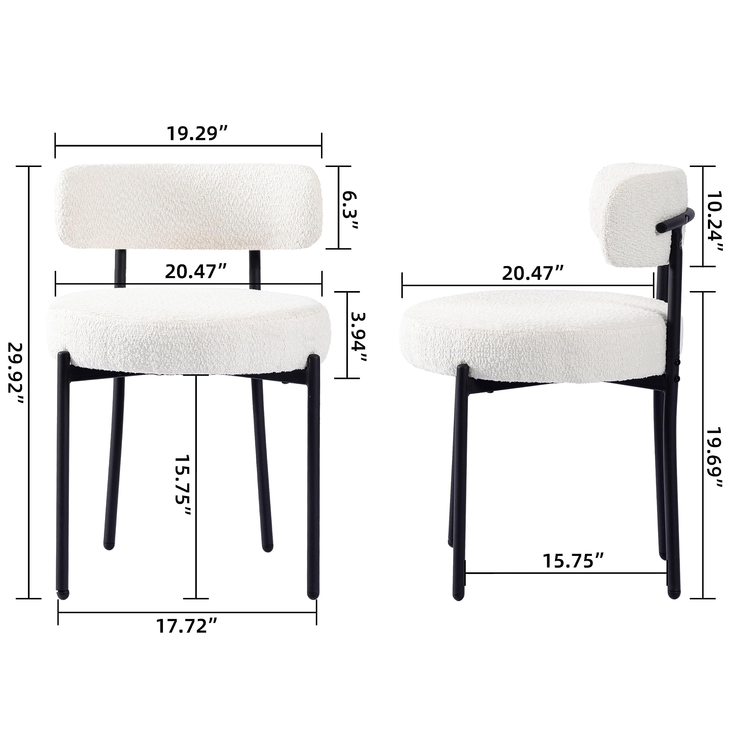 EDWELL White Dining Chairs Set of 2, Modern Dining Room Chairs Mid Century with 3.94" Cushions and Metal Legs, Round Upholstered Boucle Chairs for Kitchen, Living Room, Easy assembly