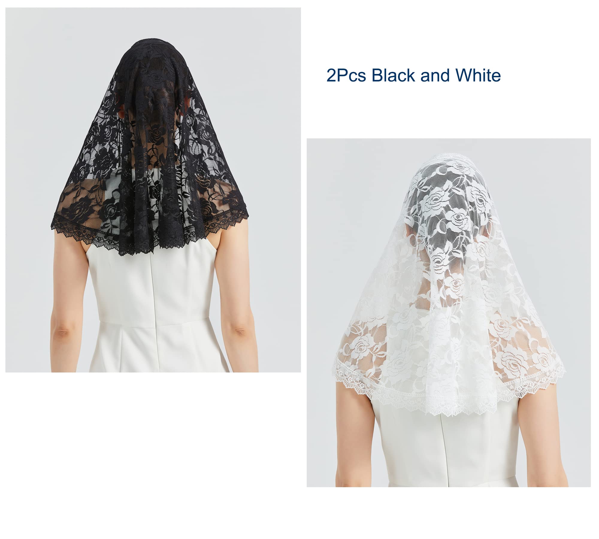 Grettytling Lace Mantilla Veil Soft and comfortable 7 Colors Spanish Style Rose Lace Veil Head Covering D Shape , 2pcs Black&white