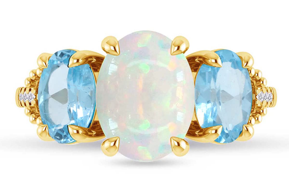 GEMVIO Collection Three Stone Design,Centre 6X8MM Oval Cut Natural Opal & 4X6MM Side Natural Swiss Blue Topaz With Diamond Accent Engagement Ring In 14K Yellow Gold Over Sterling Silver(2 Cttw)-7
