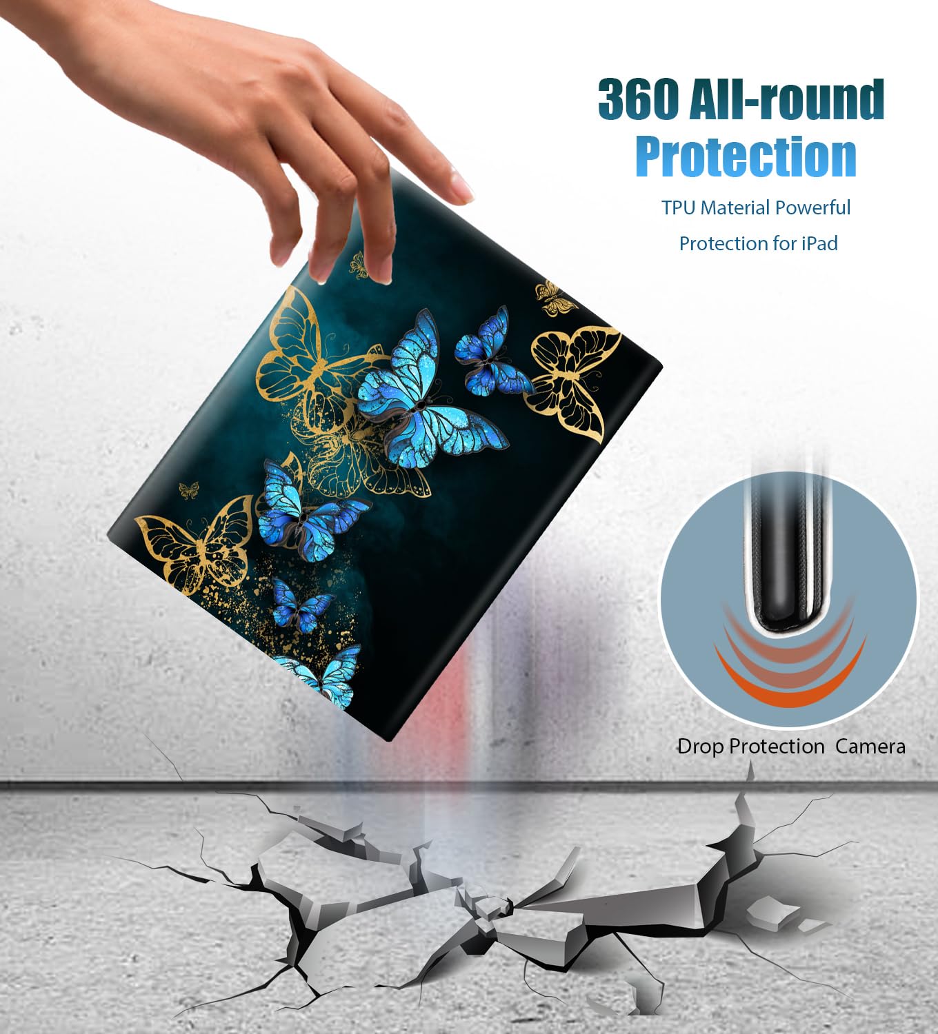 KUAELEN iPad Rotating Case for 2021 iPad 10.2 inch, Smart iPad 9th/8th/7th Generation Case with Pencil Holder, 360 Degree Roating Cover for iPad Air 3rd Generation 2019/iPad Pro 10.5(Blue Butterfly)