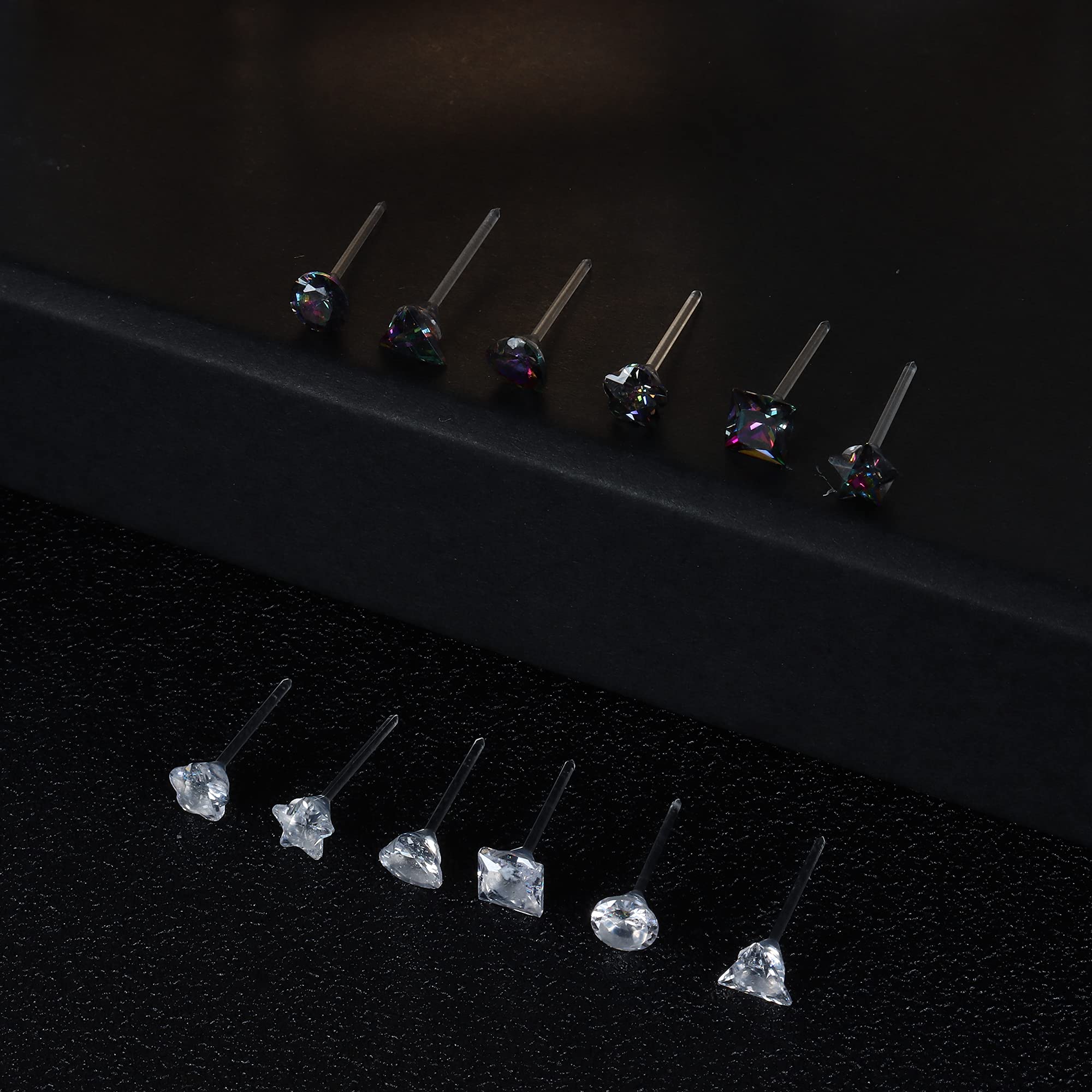 FIBO STEEL 12Pairs Clear Plastic Studs Earrings for Women Acrylic Post Round Square CZ Star Heart Rhinestone Ear Studs Piercing Retainers Gold CZ (AB cz)