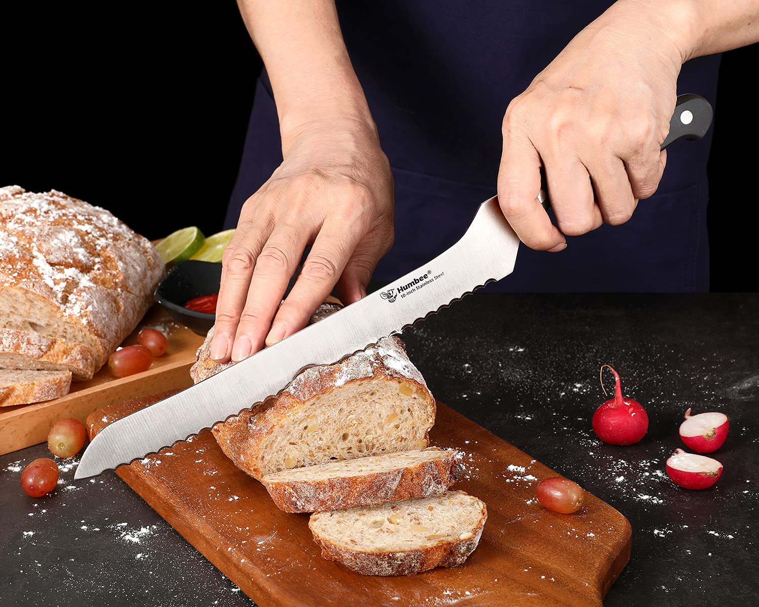 HUMBEE, 10 inch Offset Bread Knife Serrated Knife Wave Edge Blade