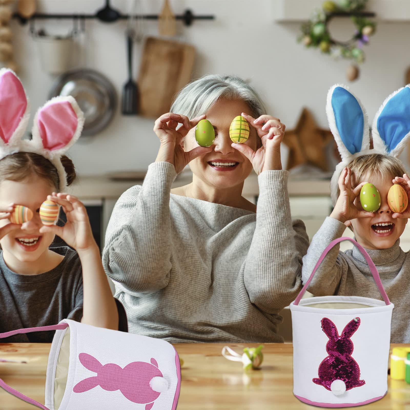 HTONTB 2PCS Easter Bunny Baskets,Kids Easter Egg Hunt Baskets,Rabbit Handbag Easter Party Decorations Gifts Toys Carry Bucket Tote,Reusable Party Bags,DIY Egg Basket Stuffer for Kids Gifts(Pink)