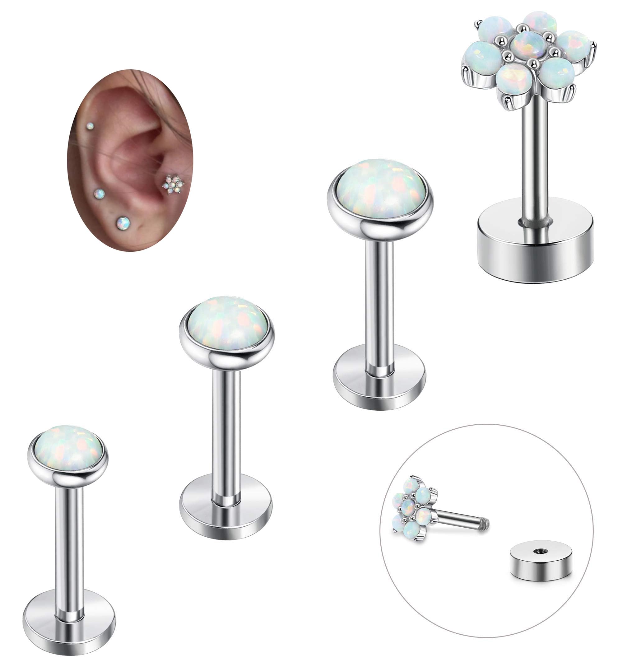 FIBO STEEL 4 Pcs 16G Stainless Steel Cartilage Stud Earrings for Women Opal Targus Helix Daith Conch Ear Piercing Jewelry 6mm