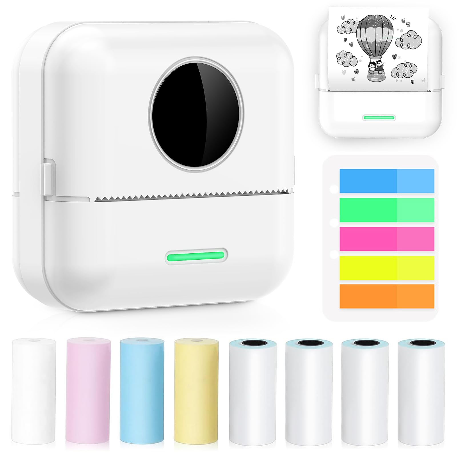 Mini Thermal Printer, Portable Inkless Photo Printer with 8 Rolls Continuous Paper, Pocket Printer Sticker Maker for Study Notes, Labels, Journal, USB Rechargable Mini Printer for iOS Android