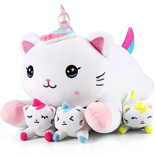 Unicorn Kitty Cat Stuffed Animal Plush Toys, 18 Inch Rainbow Mommy Unicorn Cat Plush with 3 Colorful Baby Unicorns Plushie Pillow Birthday Christmas Surprise Gifts for Kids Boys Girls