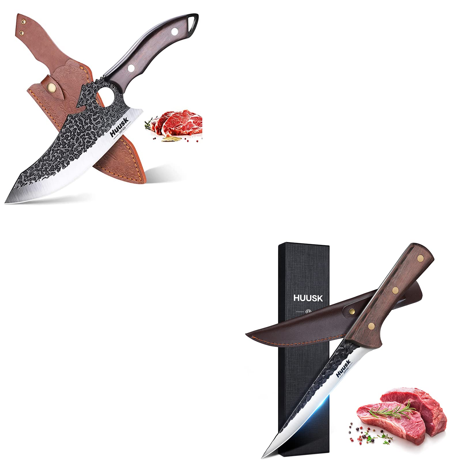 Huusk Forged Meat Cleaver Knife with Sheath Bundle with Hand Forged Deboning Knife with Sheath