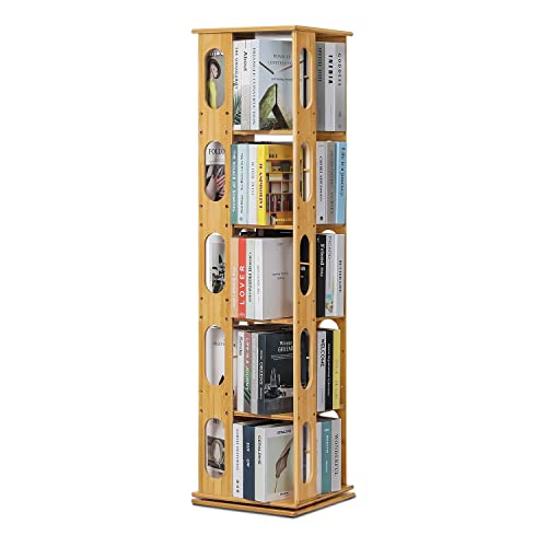 MoNiBloom 5 Tier Bookcase 360 Degree Rotating, Tall Bamboo Book Shelf Storage Display Rack Organizer with Semi-Hollow for Living Room Corner, Front Window, Natural