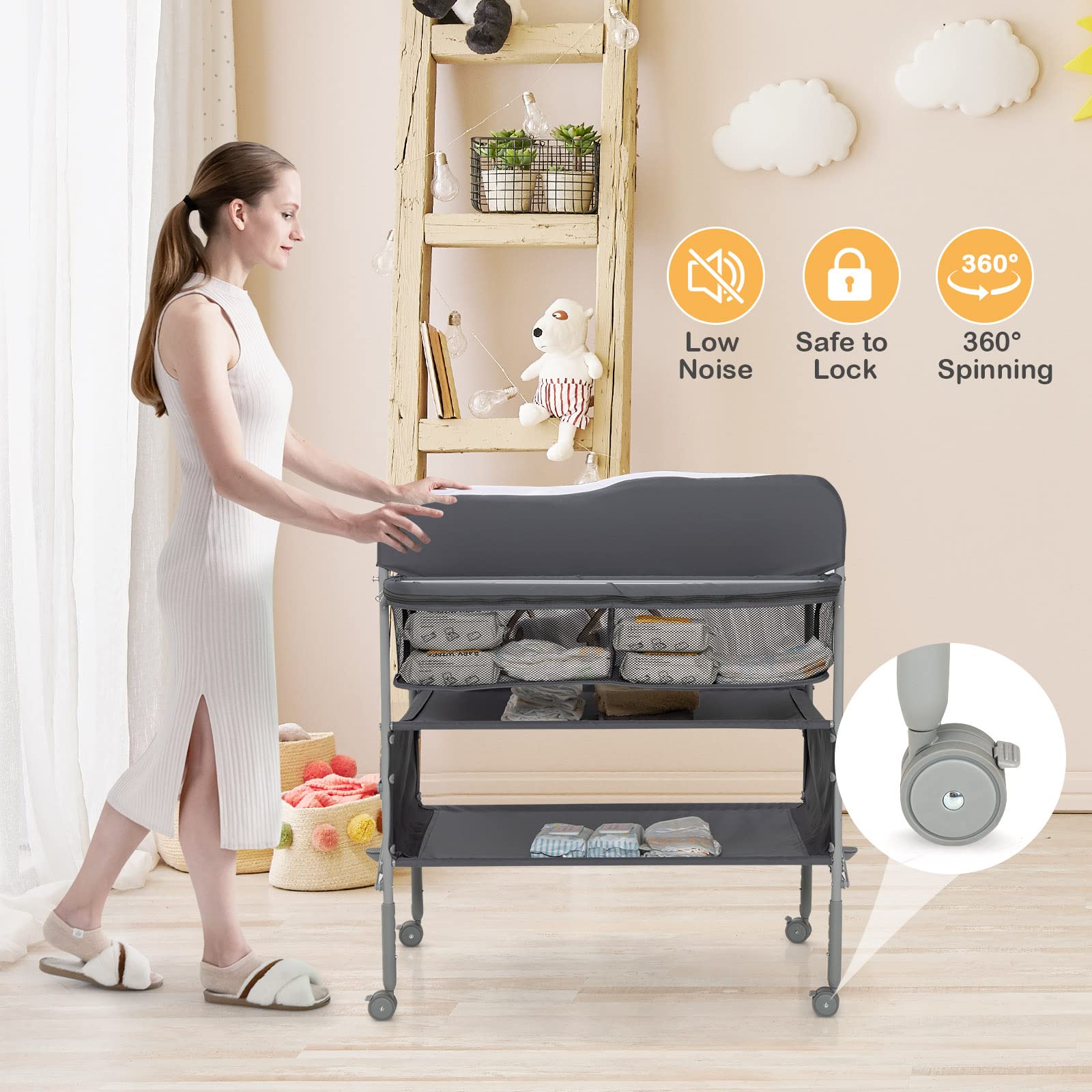 HONEY JOY Portable Baby Changing Table, 3-Tier Foldable Changing Station w/Wheels for Infant, Waterproof Diaper Changing Pad, 4 Adjustable Heights, Side Storage Basket for Newborn Essentials (Gray)