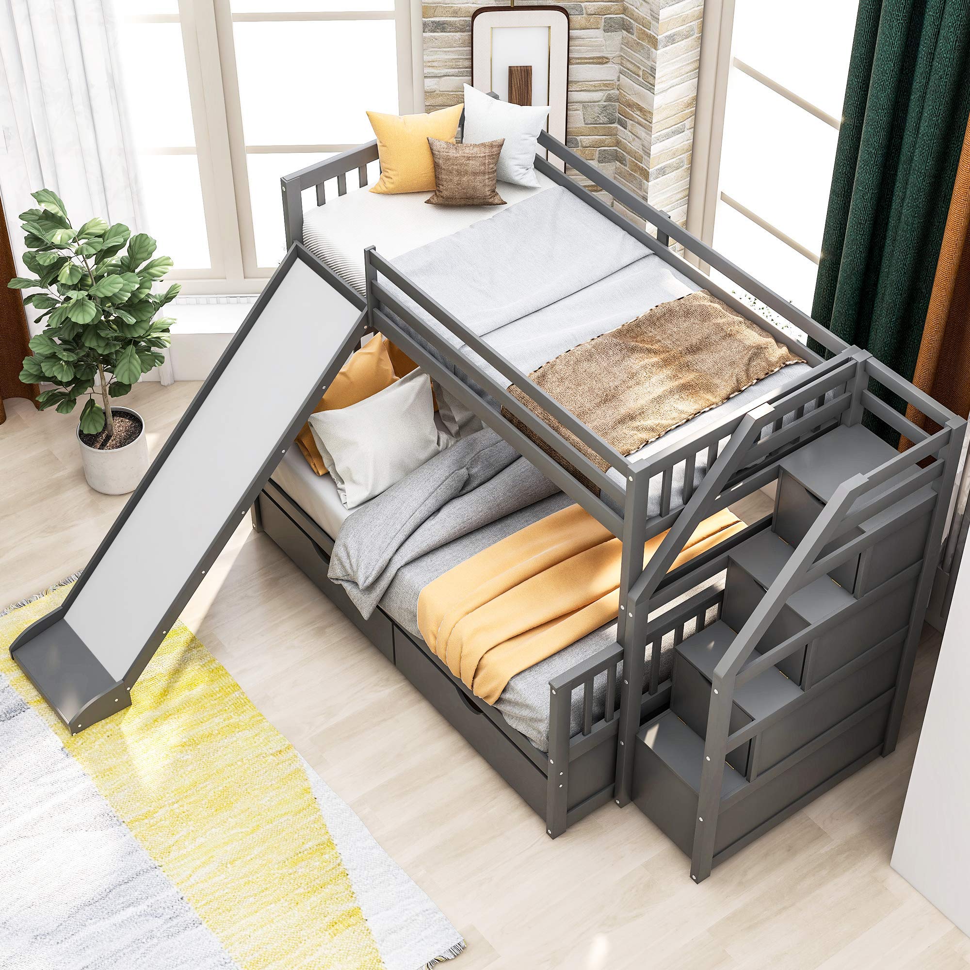 Twin Over Full bunk Bed with Drawers,Storage and Slide - Twin Over Full Bed Frame for Kids, Teens Bedroom, Guest Room Furniture, No Box Spring Needed