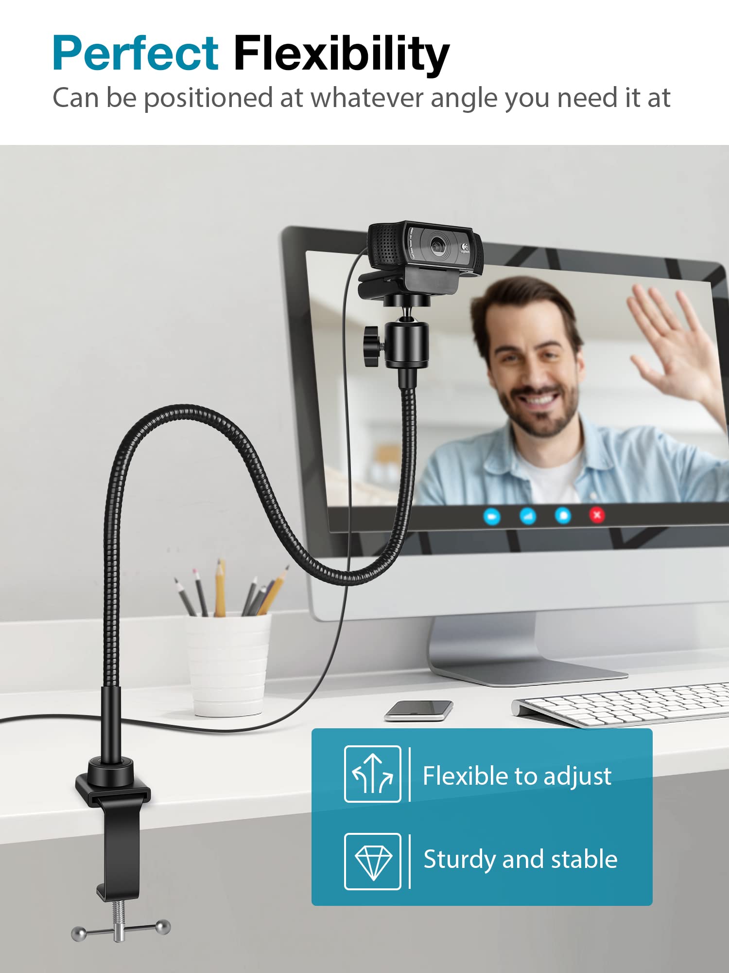 InnoGear 25 Inch Webcam Stand, Flexible Cell Phone Stand Desk Mount Camera Stand Gooseneck for Logitech Webcam BRIO 4K C960 C920 C920S C922 C922x C925e C930 C930e C615 NexiGo N60