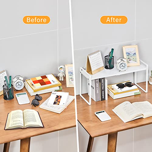 ZEKBEAN 2 Tier Expandable Cabinet Shelf Organizer Over the Sink Storage Rack Adjustable Countertop for Kitchen Bathroom Pantry Spice Cupboard Dish Cup Bottle Pot Metal Plate Heavy Duty Nonslip(White)