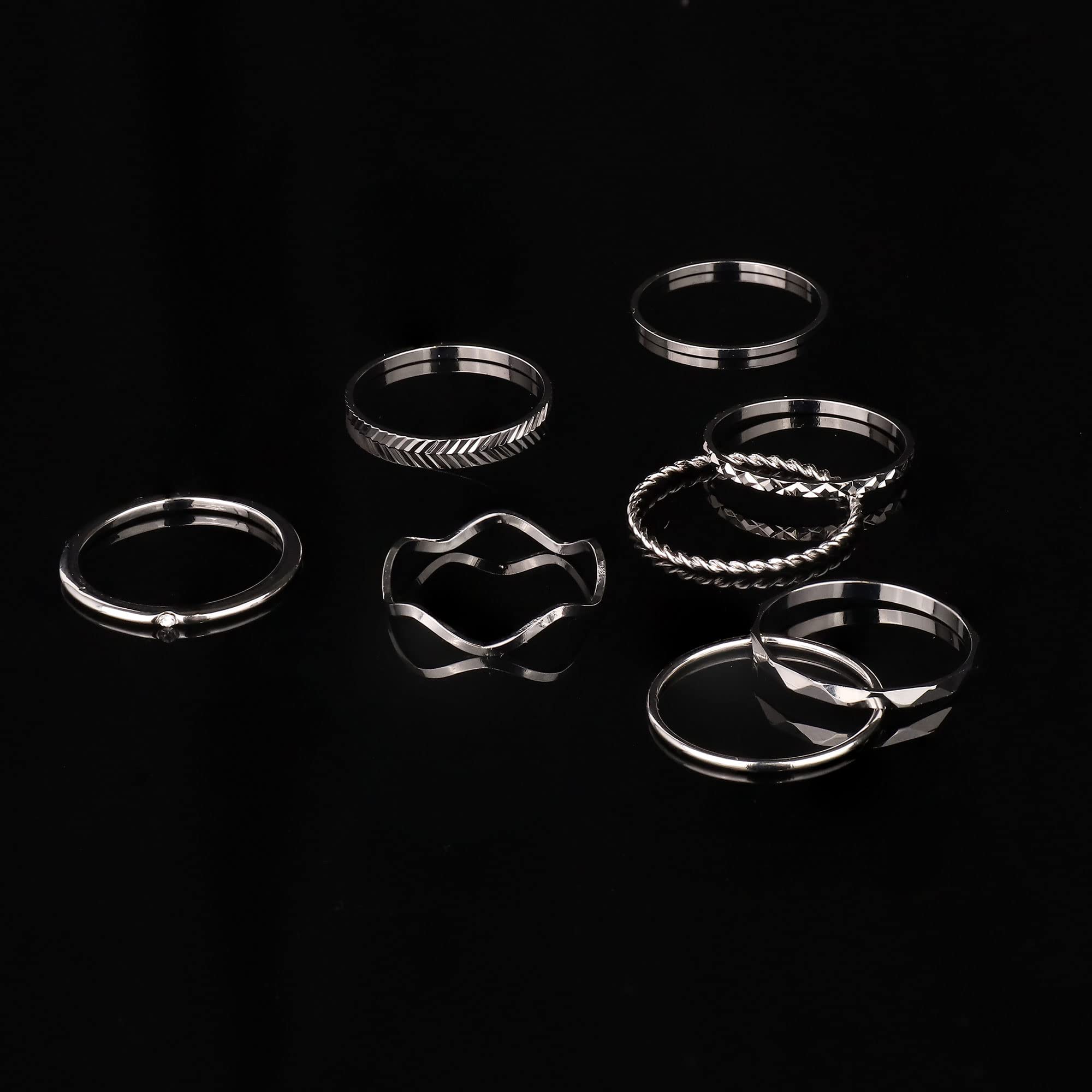 FIBO STEEL 8Pcs 1mm Cute Minimalist Band Rings for Women Simple Stacking Knuckle Ring Set Silver Plated Midi Finger Rings Size 6