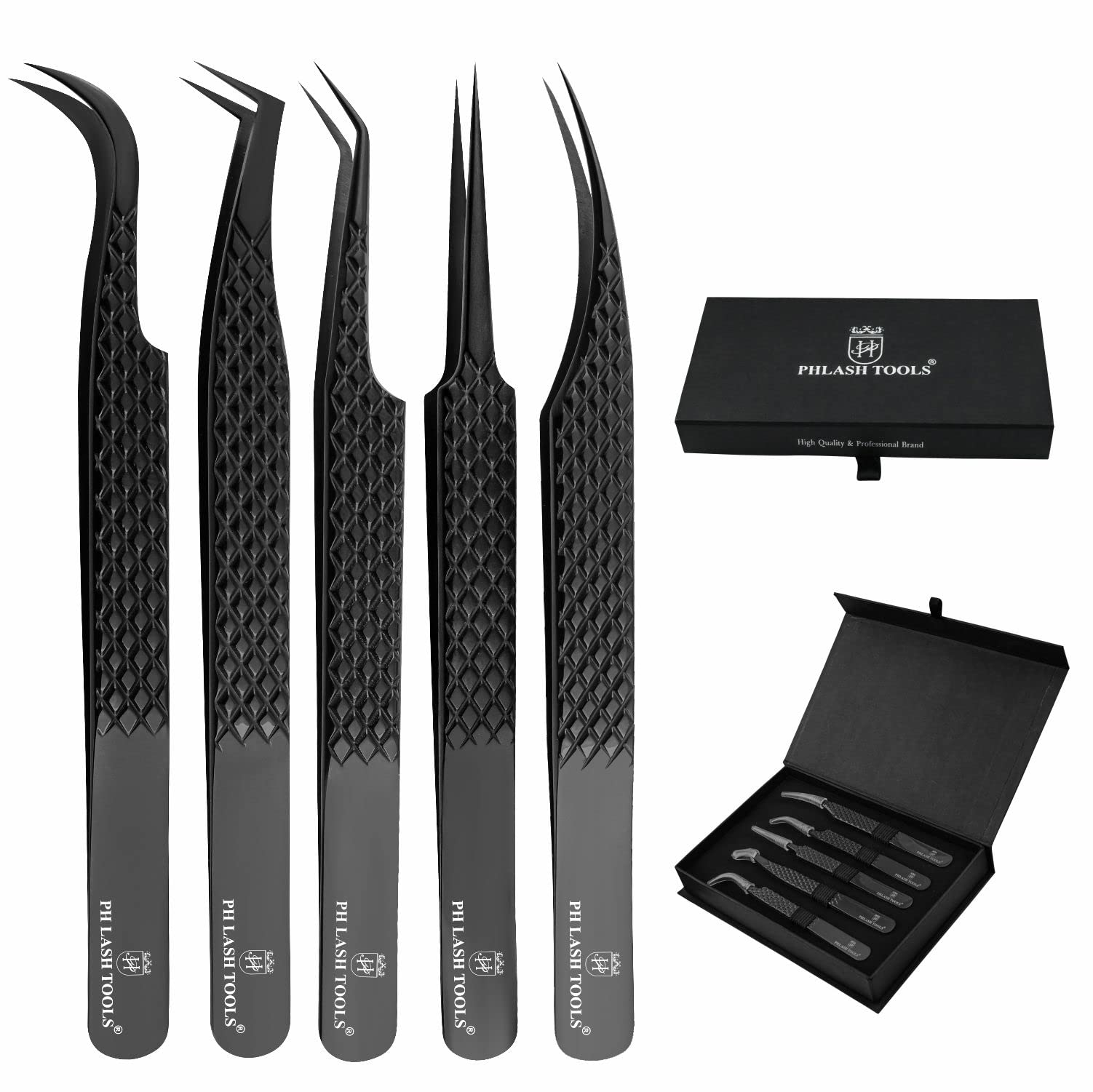 PHLASH TOOLS Pack of 5 Eyelash Extension Tweezers set. Japanese Stainless Steel Eye Lash Extensions Kit with Curved, Straight, C-Point Isolation, L-Type 75°, Wide Tip, 45° Volume Eyelash Tweezers