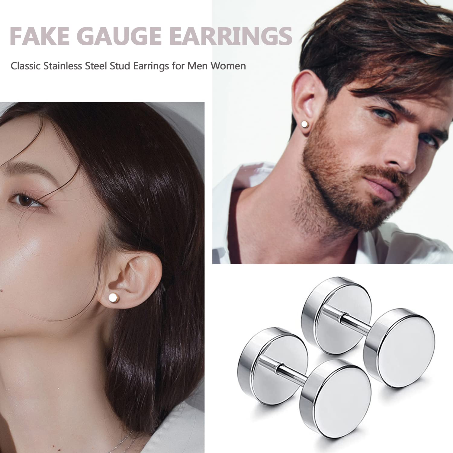 GIFIKOI Stainless Steel Fake Gauge Stud Earrings for Men Back Earring Set Faux Ear Tunnel