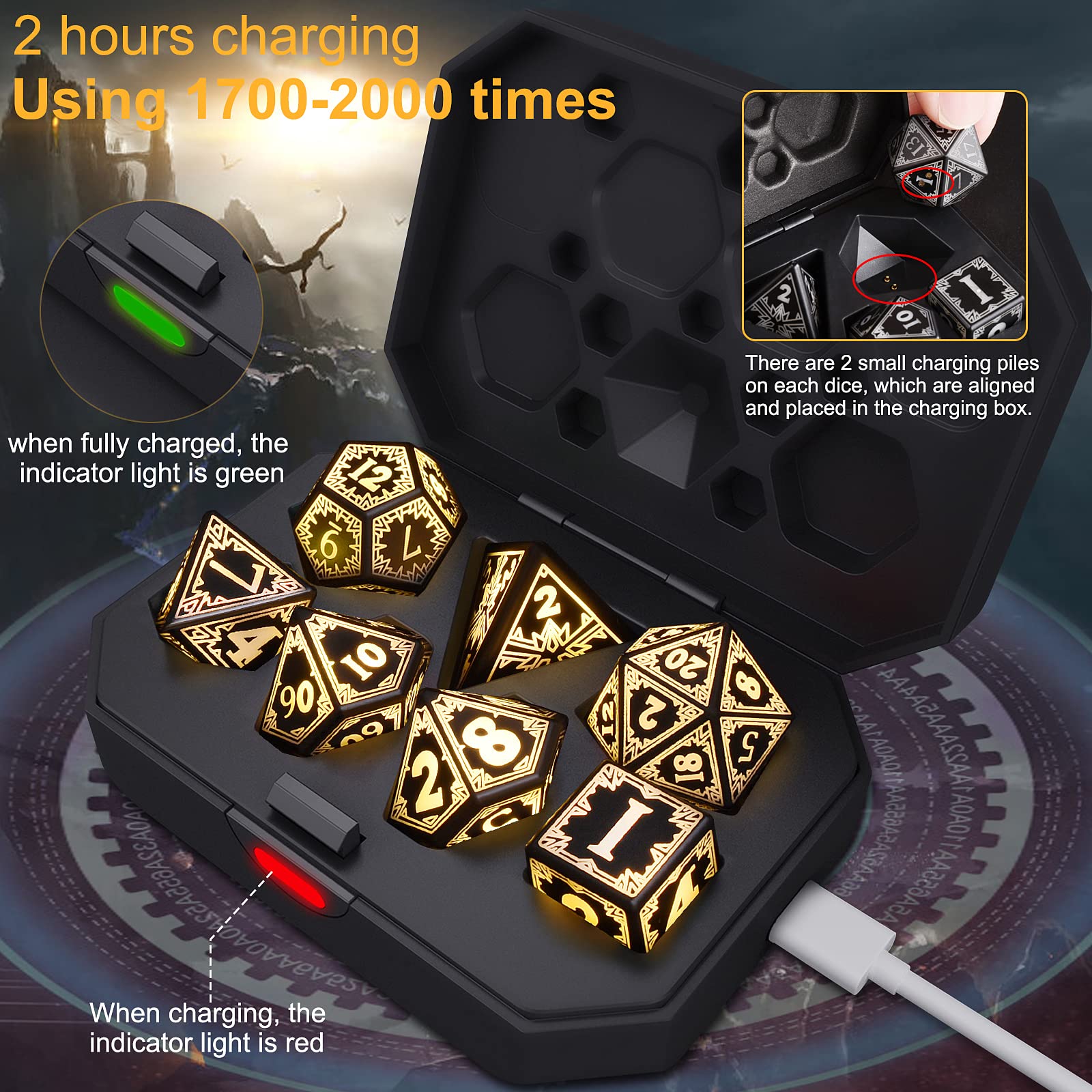 Light Up DND Dice with Charging Box, DND Light up Dice Electronic Dice Set with Charging Box D&D Dice Glow in The Dark Dice for Tabletop Game Led Flashing Dice Role Playing Game