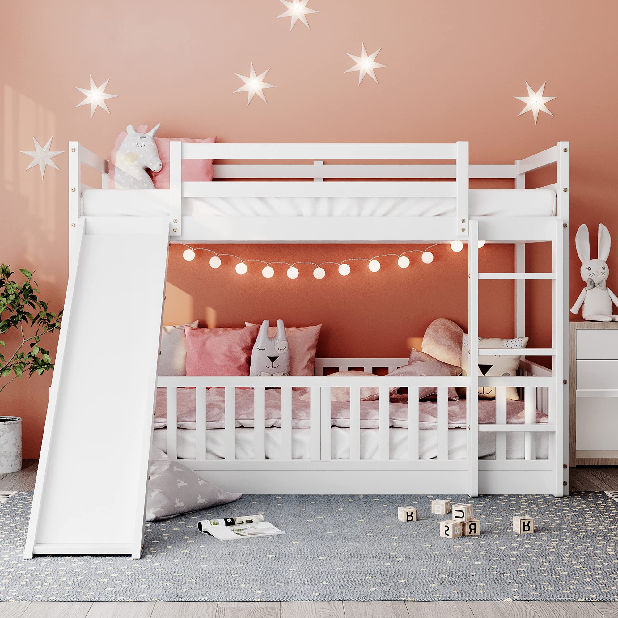 Twin Over Twin Bunk Bed with Slide, Floor Bunk Bed for Kids Toddlers, Wood Low Frame with Ladder and Fence for Boys Girls Teens, White