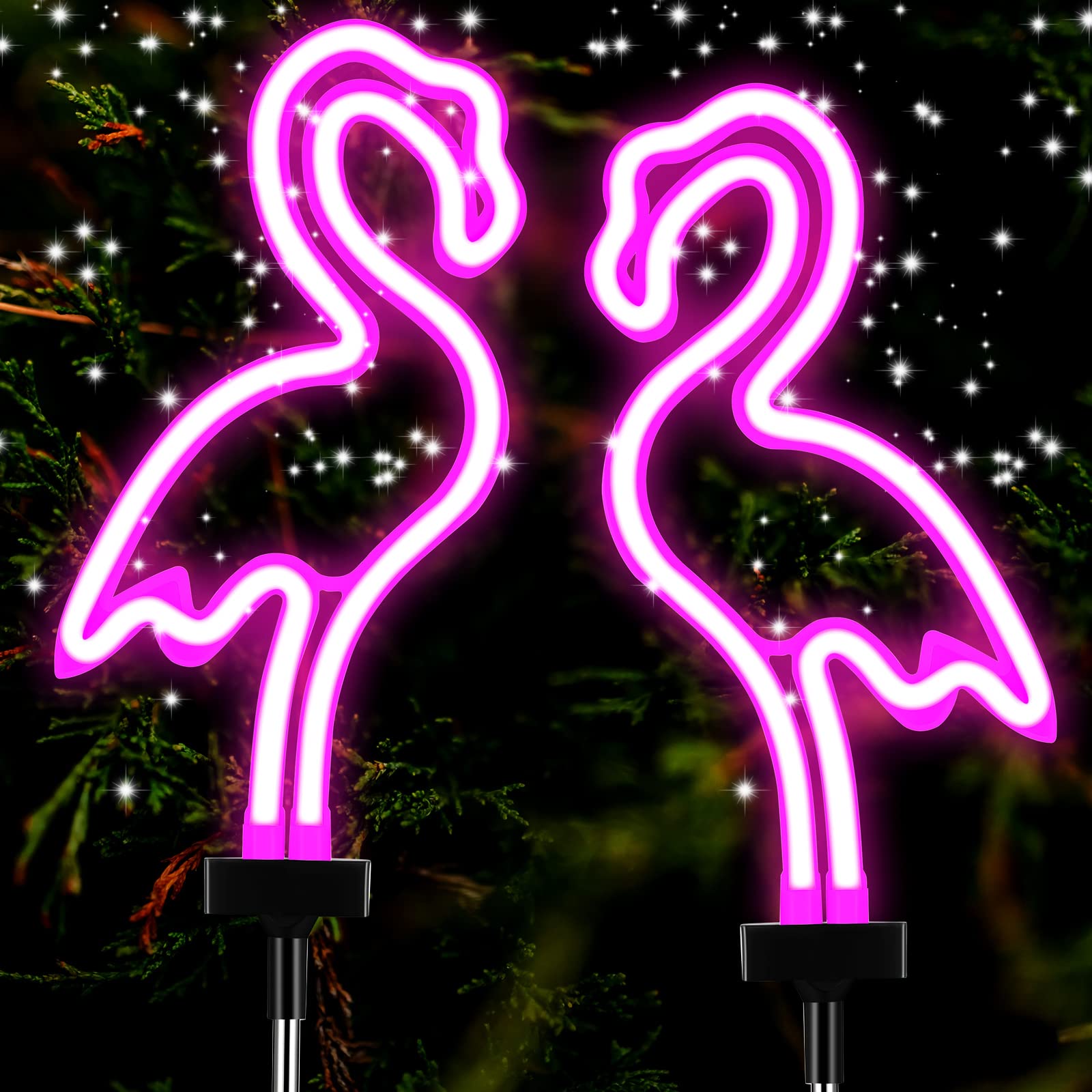 Hortsun 2 Pack Flamingo Solar Lights Outdoor Flamingo Neon Light Yard Flamingos Pink Flamingo Waterproof Decorations Flamingo Lights for Garden Patio Yard Pathway Decoration
