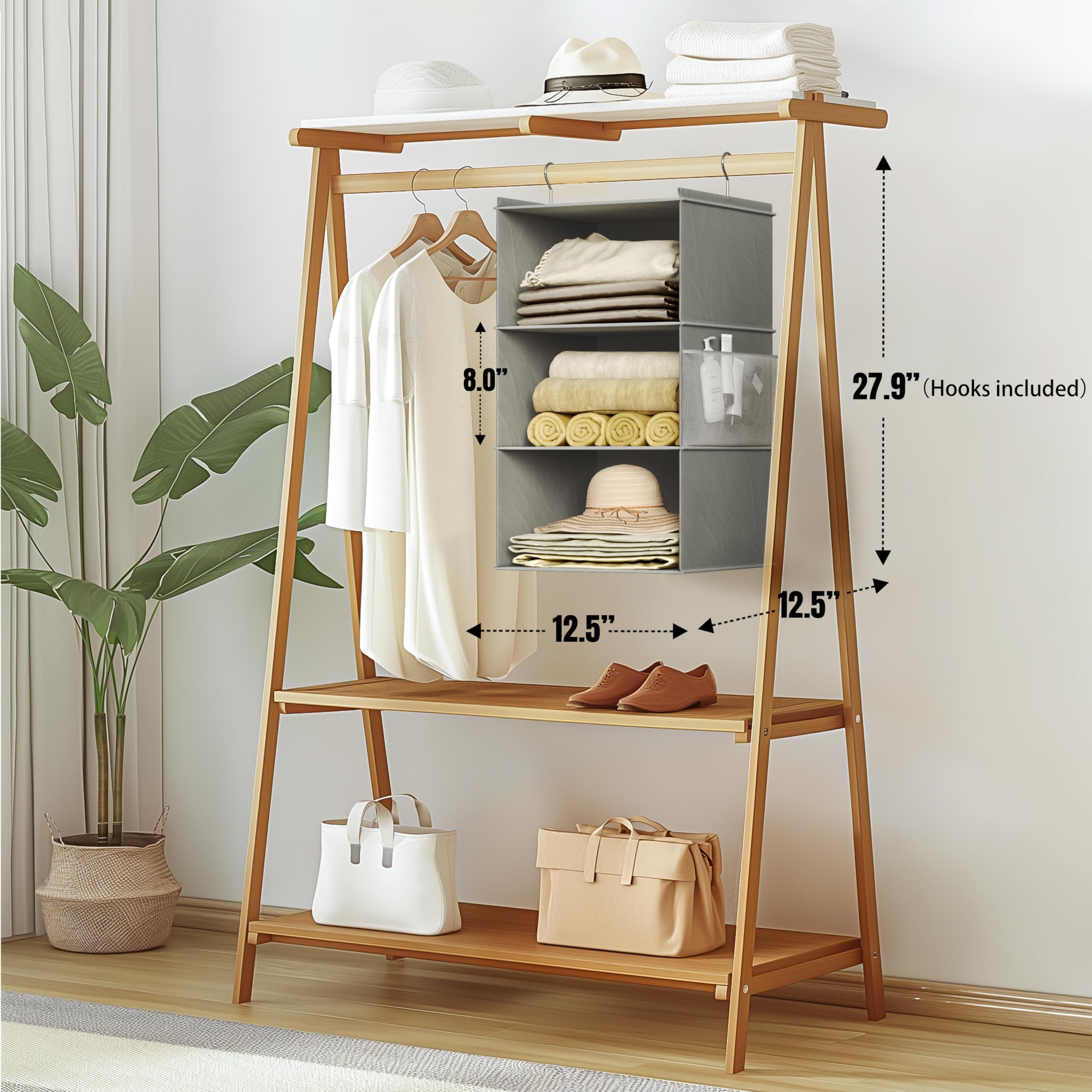 LayerSpace Space-Saving Hanging Closet Organizer - Versatile Storage for Clothes, Travel, Bedroom - 3-Shelf Heavy-Duty Design - Set of 2, Grey