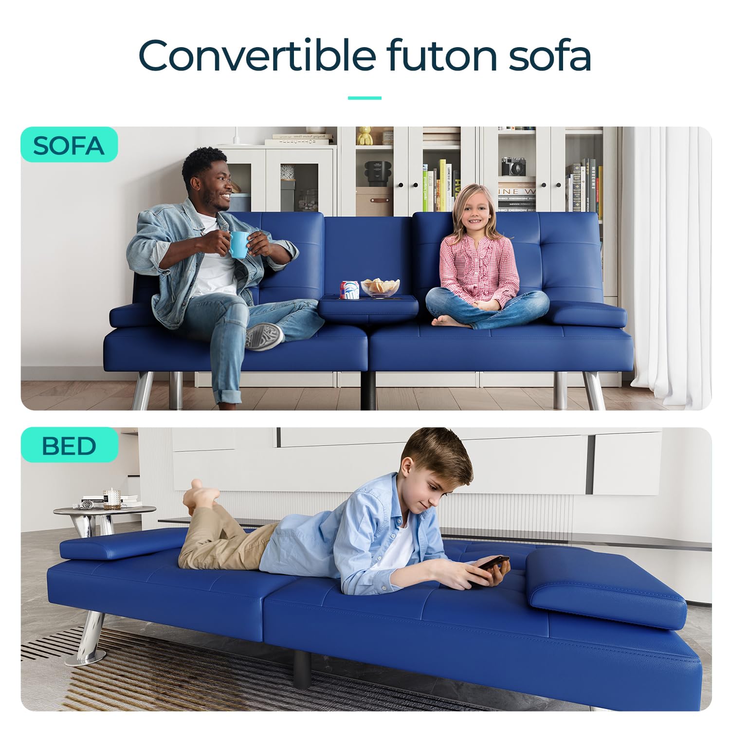 LINSY Futon Sofa Bed, Faux Leather Sleeper Sofa with Mattress and Frame, Convertible Futon Couch for Living Room, Blue