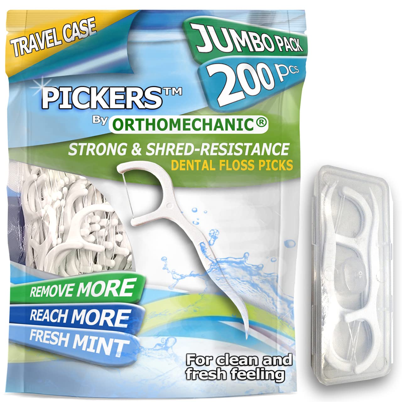 Pickers, Dental Floss Picks Toothpicks (Pack 200) with Travel Case, Zip Bag, No Break & No Shred, Fresh Mint, Jumbo Bag (200)
