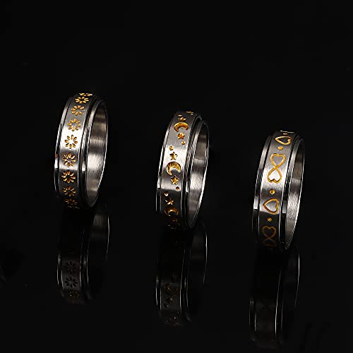 FIBO STEEL Stainless Steel Spinner Ring Fidget Band Rings for Women Men Flower Ring Set for Stress Relieving Wedding Promise Size 10