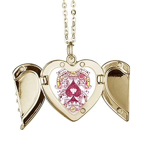 Gambling Utensils Playing Cards Pattern Folded Wings Peach Heart Pendant Necklace