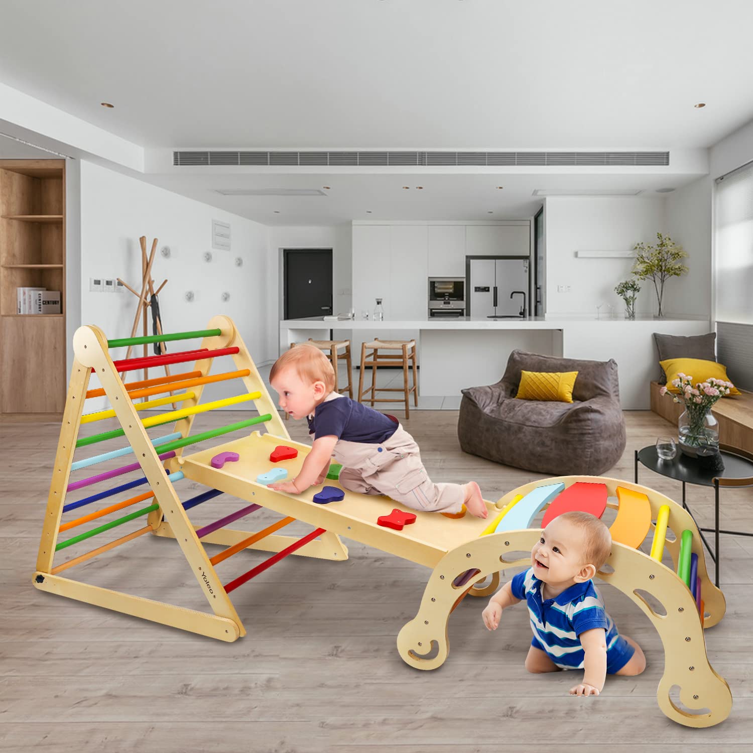 YOLEO Pikler Triangle Set, Foldable 5-in-1 Montessori Climbing Set Fun Baby Pickler-3 Piece Climbing Jungle Gym and Indoor Playground Climbing Toys for Toddlers 1-3 Inside