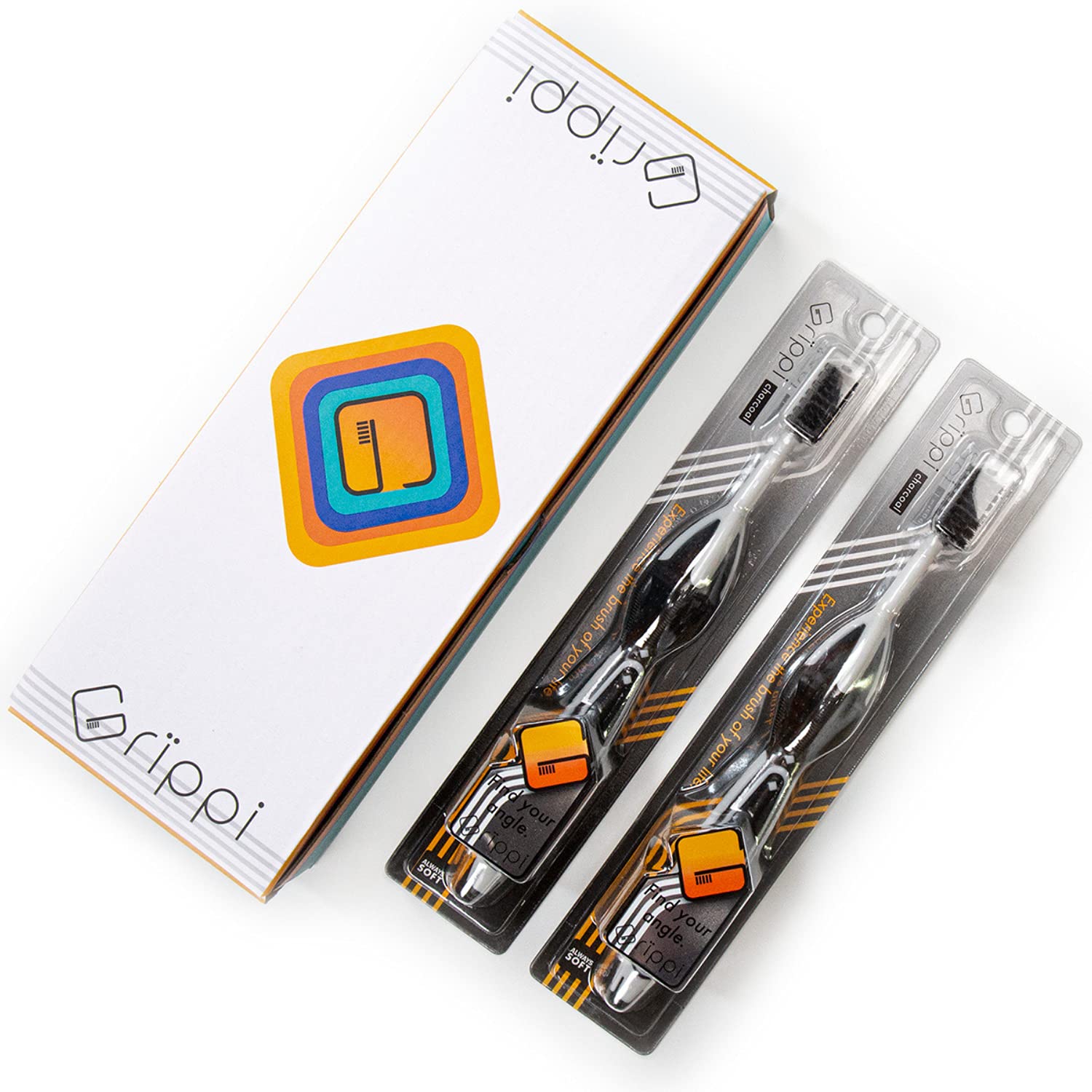 Grïppi Charcoal Manual Toothbrush | Advanced Plaque Control. 45° Ergonomic- Smart Grip, W-Cut Extra-Soft Bristles. (MD Brush Technology for The ADA Approved Brushing Method), 2-Pack