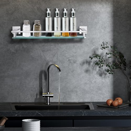 LANC Chrome Bathroom Shelf Glass Shelves 20-Inch Floating Tempered Glass Shelf Rectangular Stainless Steel Wall Mounted Silver Polished Shelves for Bathroom Kitchen Organizers Accessories,A7613CP