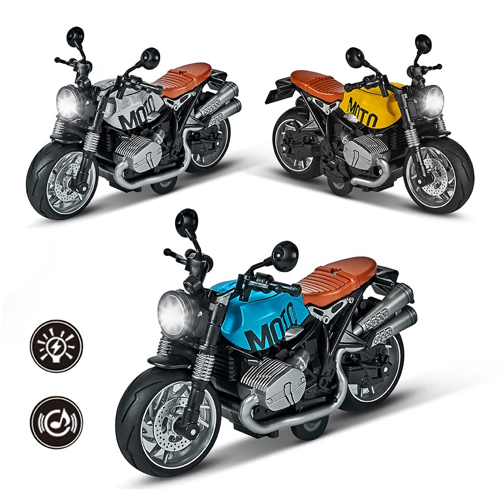 Gilumza Pull Back Motorcycle Toys, Tiny Gift with Music Lighting, Latte Motorcycles Toy for Kids Boys Age 3-8 Year Old (Blue)
