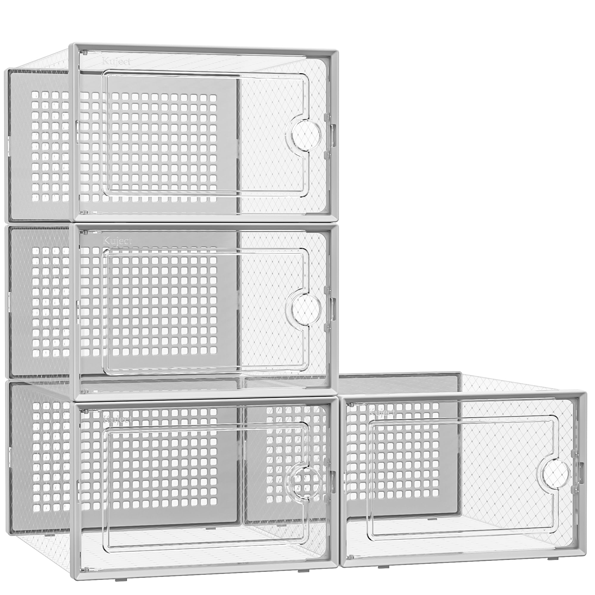 Kuject X-Large Shoe Storage Boxes Organizers Clear Plastic Stackable 4 Pack, Shoe Rack & Holder Substitute, Sneaker Containers, Toy Storage Organizer Bins for Entryway, Closet, Under Bed, White