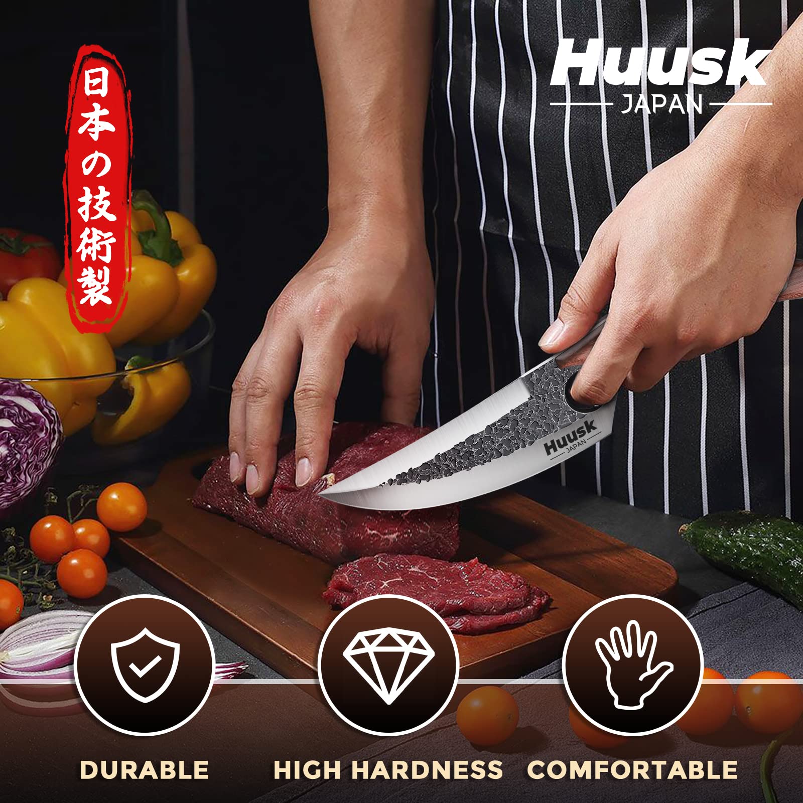 Huusk Upgraded Chef Knives Brown Bundle with Black Kitchen Camping Cooking Knife with Leather Sheath and Gift Box