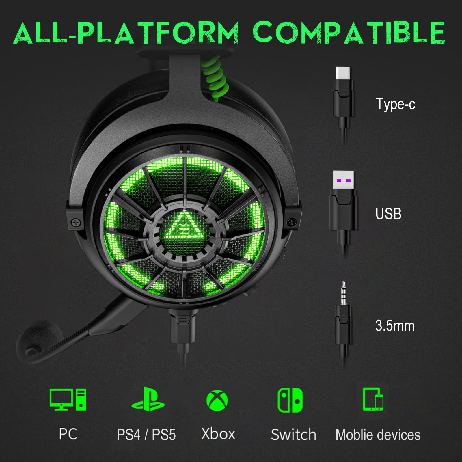 EKSA PC Gaming Headset - Headset with Detachable Noise Cancelling Microphone,7.1 Surround Sound,Dual Chamber Driver,Gaming Headphone for PS4,PS5,PC,Xbox one,Switch,Computer (StarEngine, Black-Green)