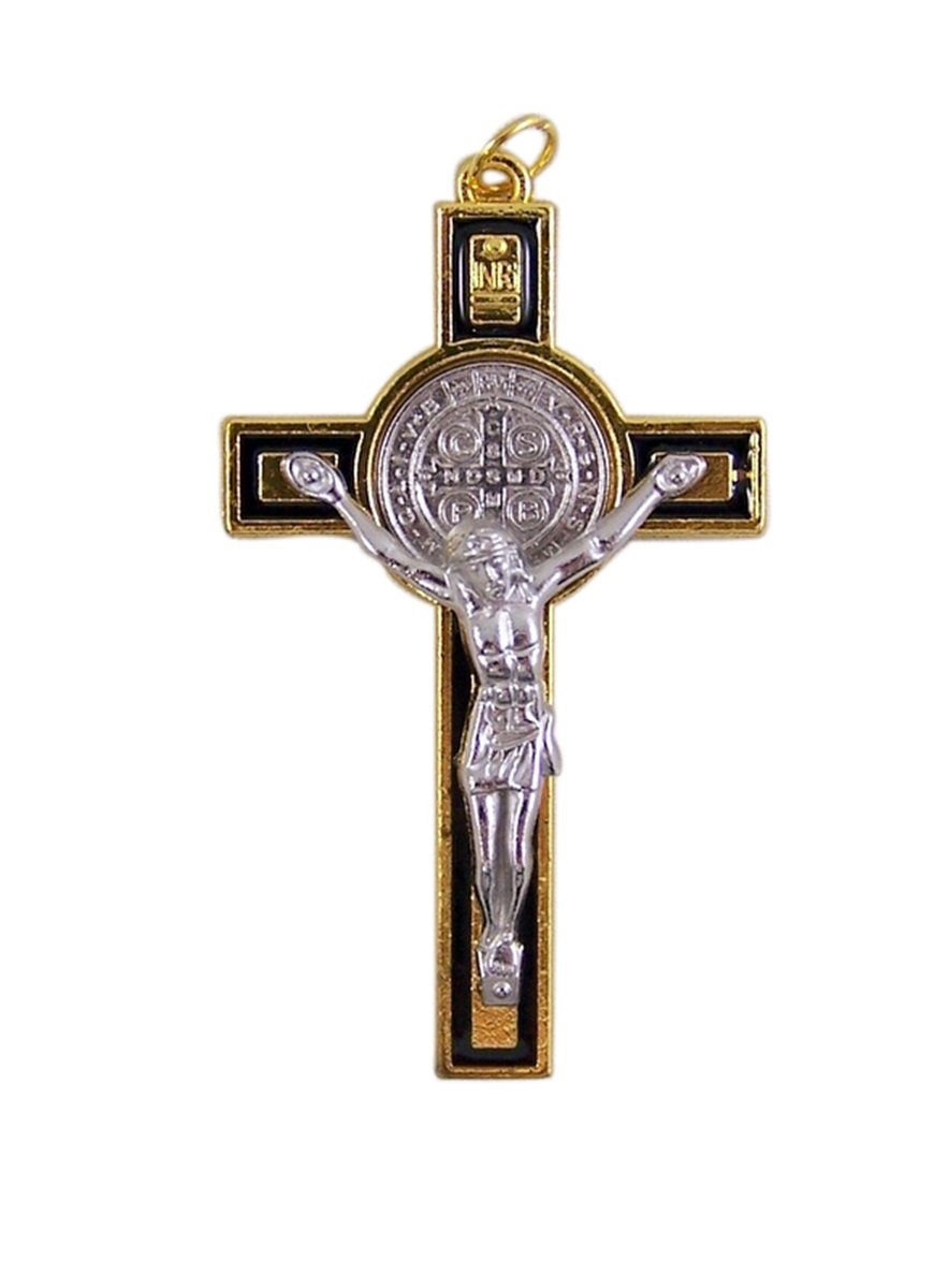 Faith Jewelry Collection Gold and Silver Toned St Benedict Crucifix Charm Pendant, 2 7/8 Inch