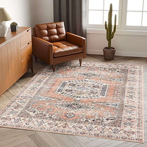 Valenrug Washable Rug 5x7 - Ultra-Thin Antique Collection Area Rug, Stain Resistant Rugs for Living Room Bedroom, Distressed Persian Boho Rug(Peach/Yellowish, 5'x7')