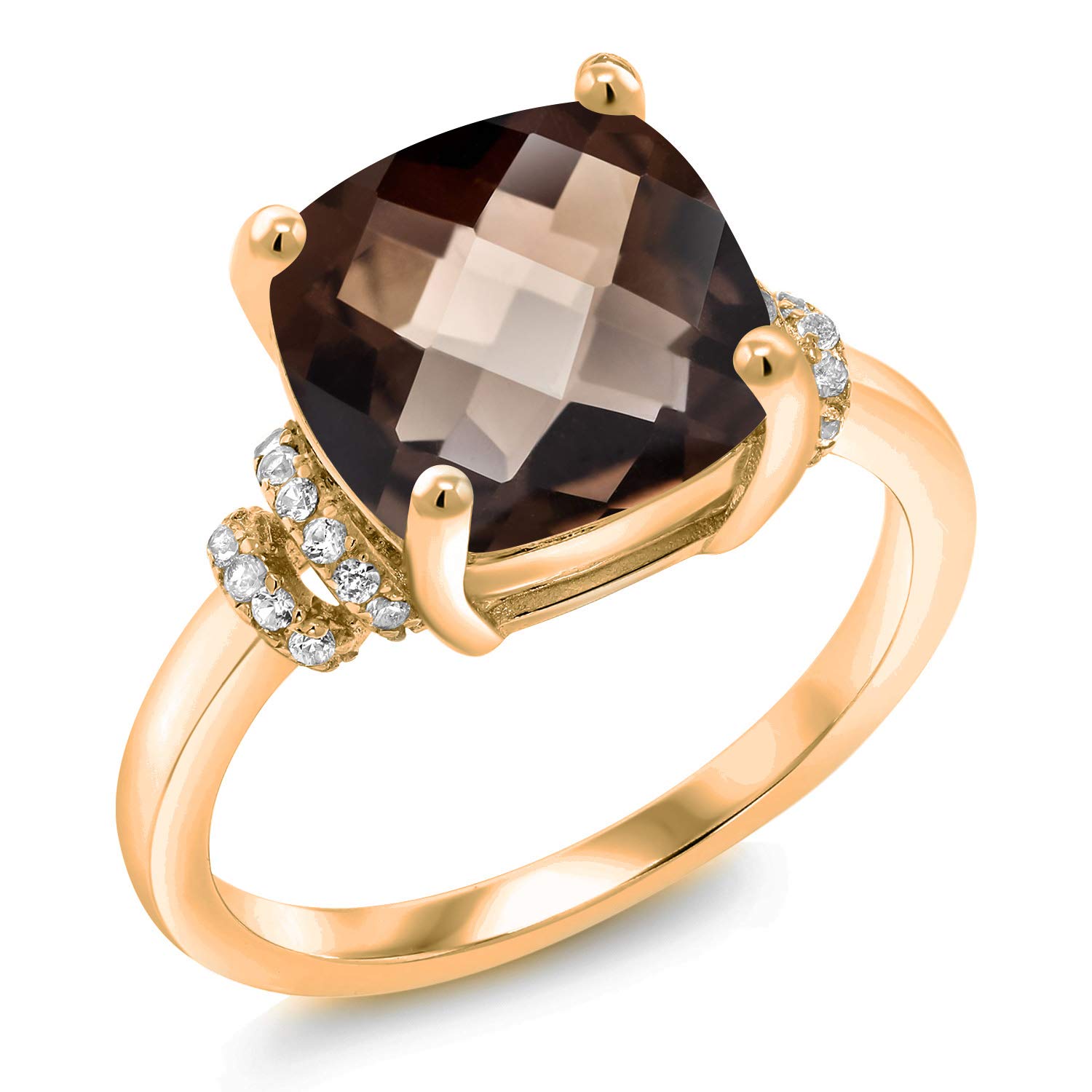 Gem Stone King 18K Yellow Gold Plated Silver Brown Smoky Quartz Ring For Women (4.14 Cttw, Cushion Checkerboard 10MM, Available in size 5, 6, 7, 8, 9)