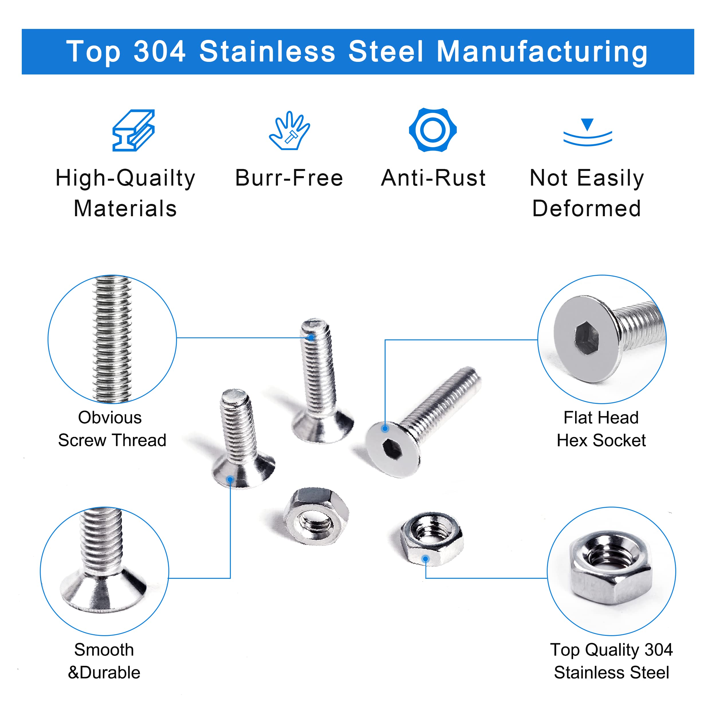 MEIYYJ 600pcs Metric M2 M3 M4 Flat Head Screws, 304 Stainless Steel Flat Head Countersunk Socket Cap Bolts Screw Nuts Assortment Kit, Allen Socket Drive