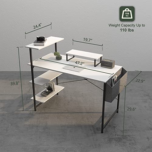 Innerjoin 47 inch Computer Desk with Shelves, Home Office Desk with Monitor Stand, 4 Tier Shelves, Storage Bag, Metal Frames, White