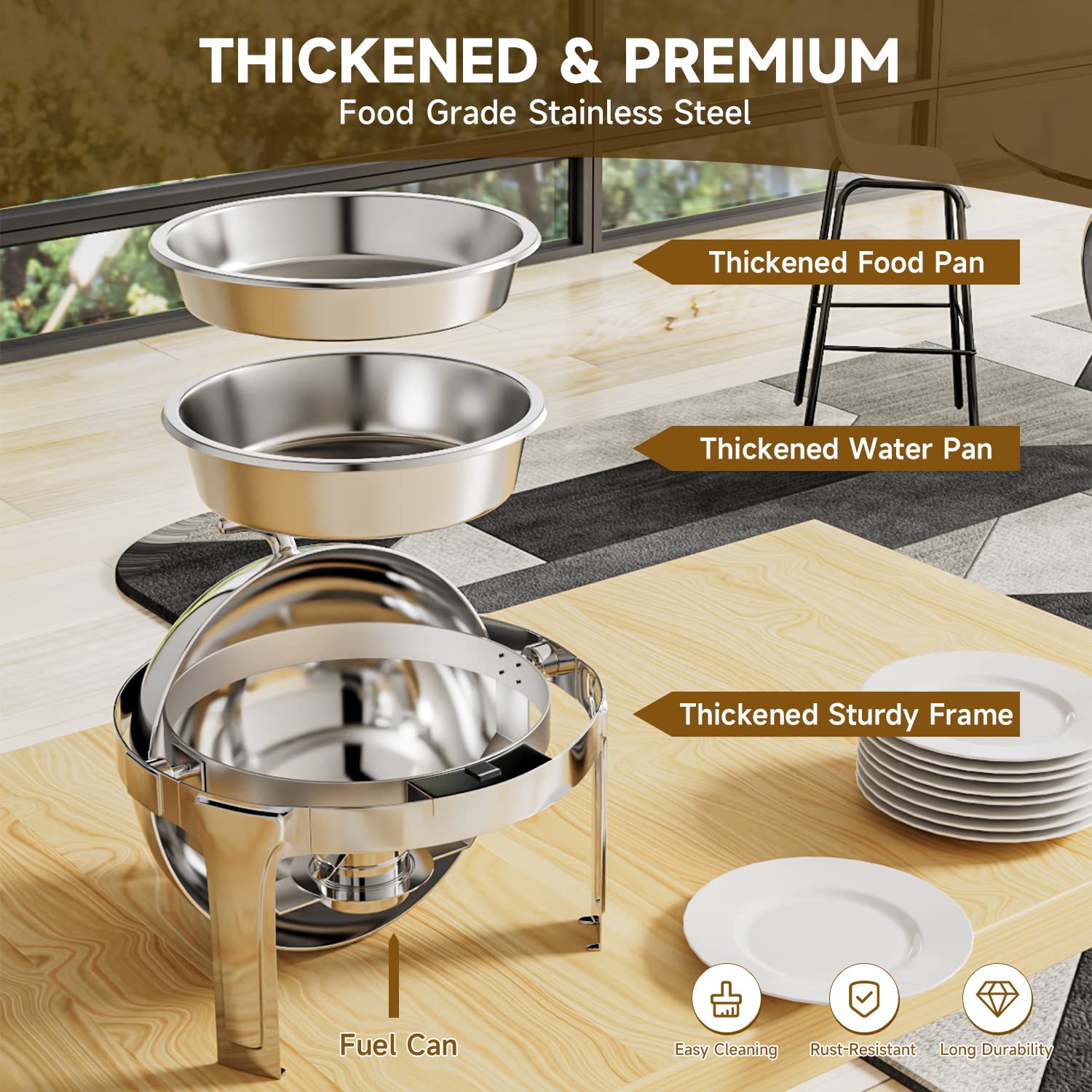 Halamine Roll Top Chafing Dish Buffet Set, 6 Quart Round Stainless Steel Chafer for Catering, Buffet Servers and Warmers for Parties Catering Event Wedding, Banquet, Events, Graduation