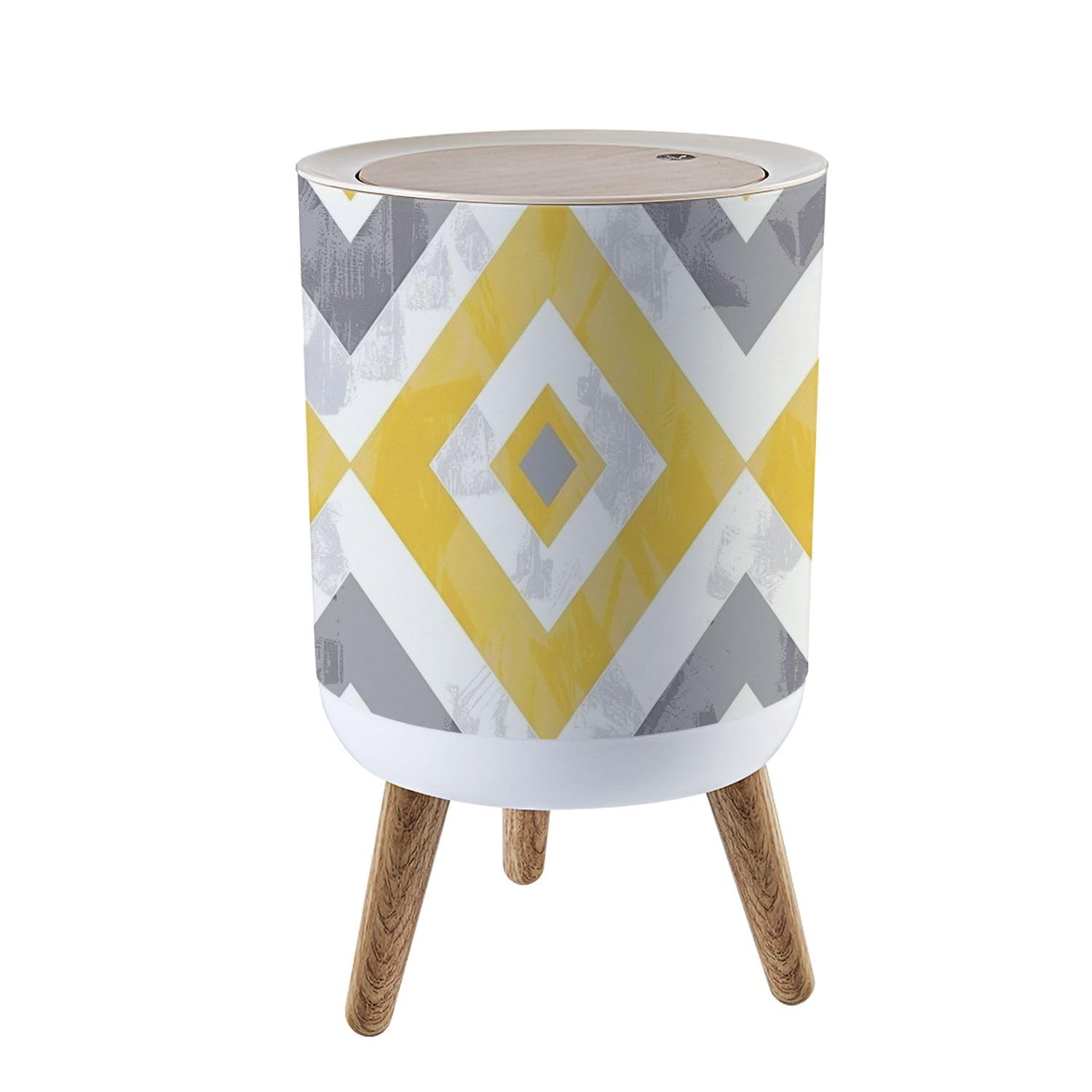 LGCZNWDFHTZ Small Trash Can with Lid for Bathroom Kitchen Office Seamless Abstract Geometric Pattern Pastel Yellow Gray White Diagonal Garbage Bin Waste Basket Decorative 1.8 gallons, 14x9inch