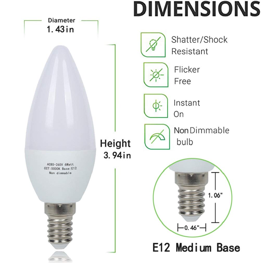 GOSCHE E12 Led Candelabra Bulbs, 5000K Daylight Ceiling Fan Light Bulbs, 60W Equivalent Chandelier Lightbulbs, Type B Small Lamp, 550 LM,Non-Dimmable Candle Bulb,6 Pack