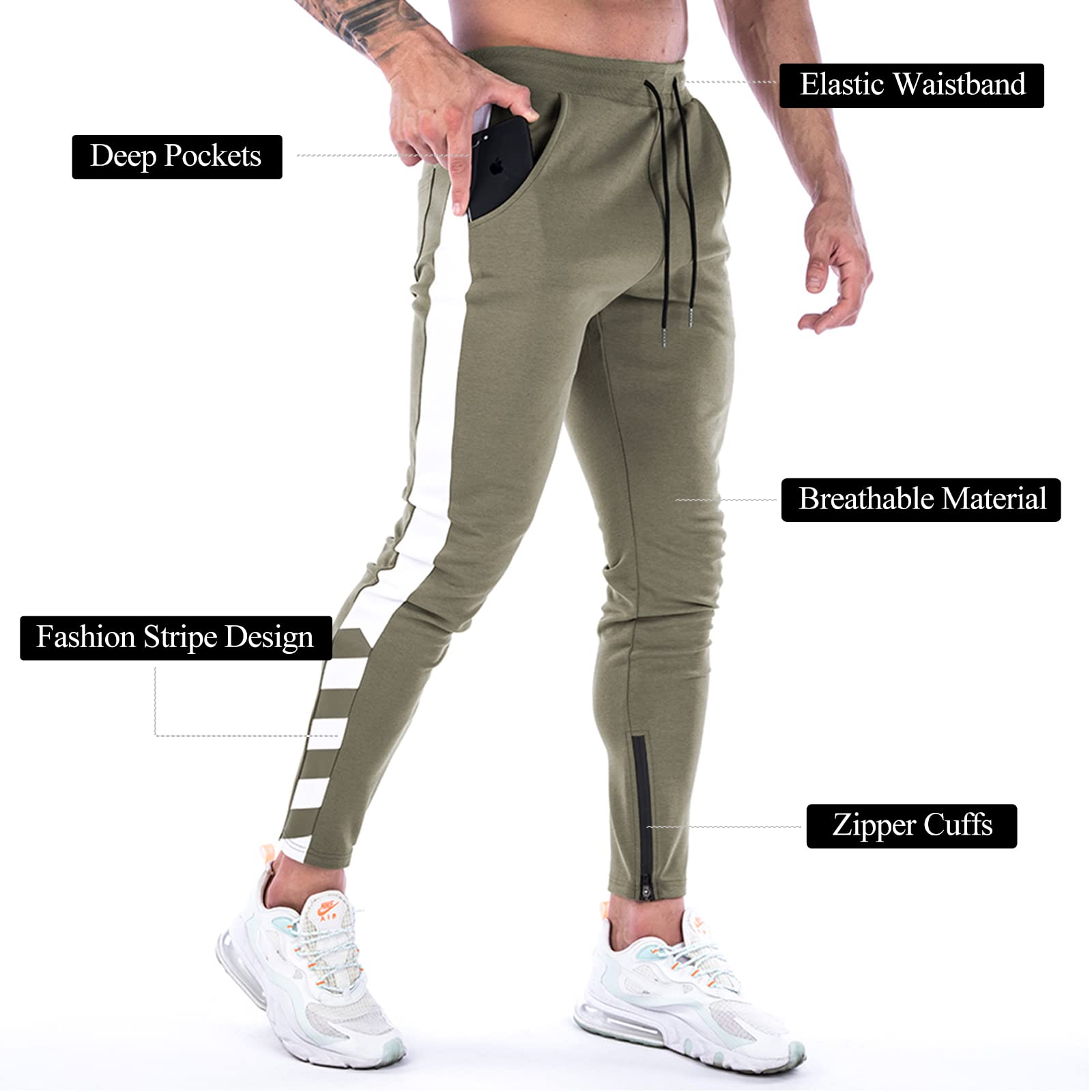 GANSANRO Men's Slim Fit Workout Running Pants, Joggers Sweatpants for Men with Pockets Army Green