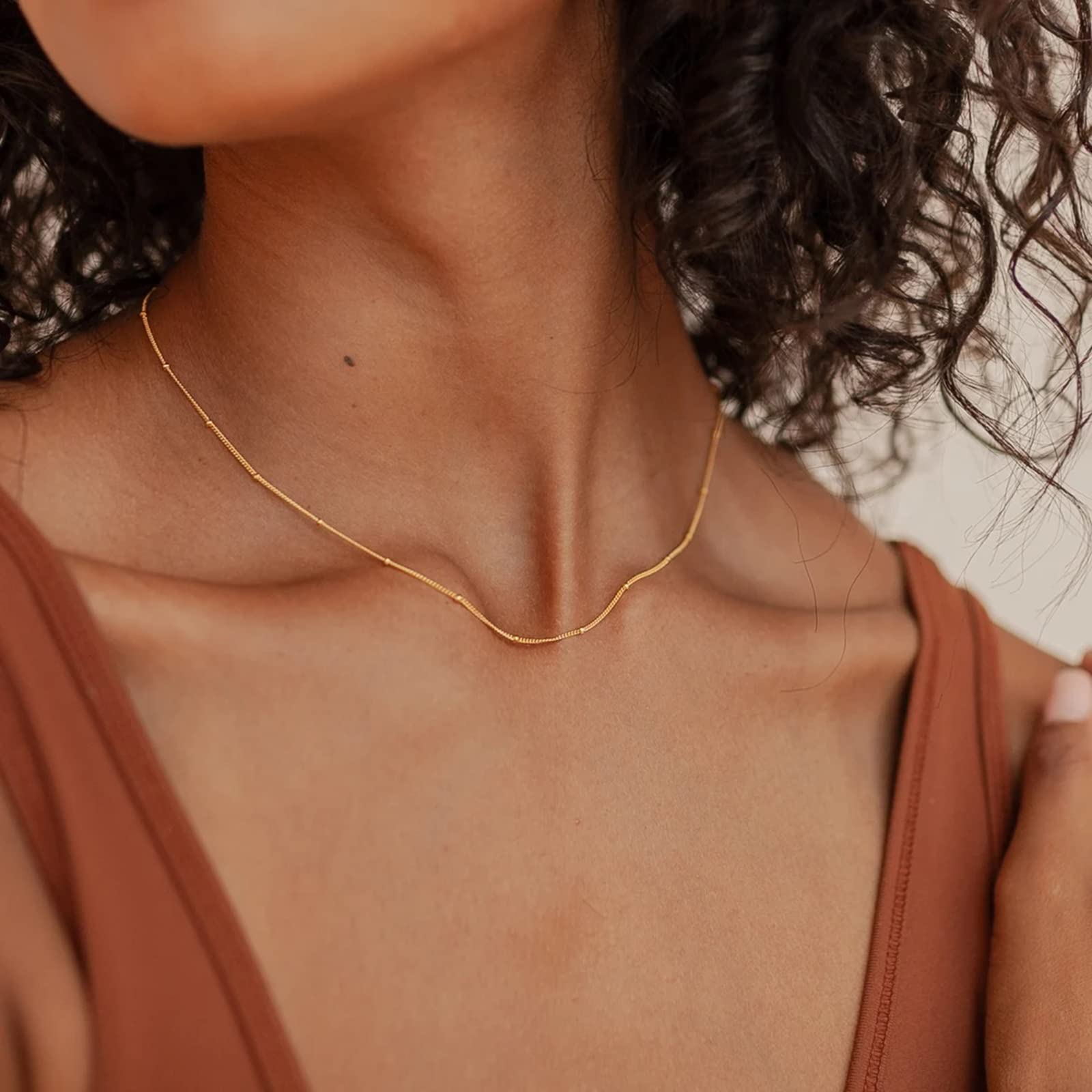 Havopso Dainty Satellite Necklace 18K Gold Plated Minimalist Beaded Satellite Chain Delicate Gold Chain Choker Necklaces for Women