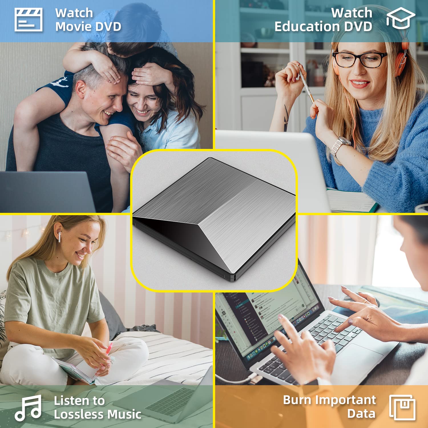 YOTUO External CD DVD Drive, Portable USB 3.0 and Type-C Ultra-Slim DVD Player, DVD Burner CD ROM RW External Optical Drive Compatible with Laptop Desktop PC for Windows 7/8/10/11 Mac MacBook Pro/Air