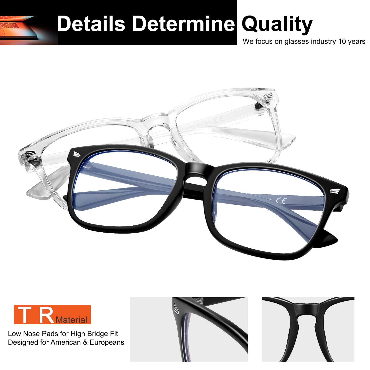 Feirdio Blue Light Blocking Glasses -2pack Square Computer Glasses Women/Men, Nerd Reading Gaming Glasses Non Prescription Blue Light Blocking Glasses